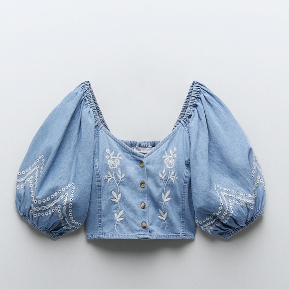 Zara | Tops | Zara Embroidered Denim Top | Poshmark